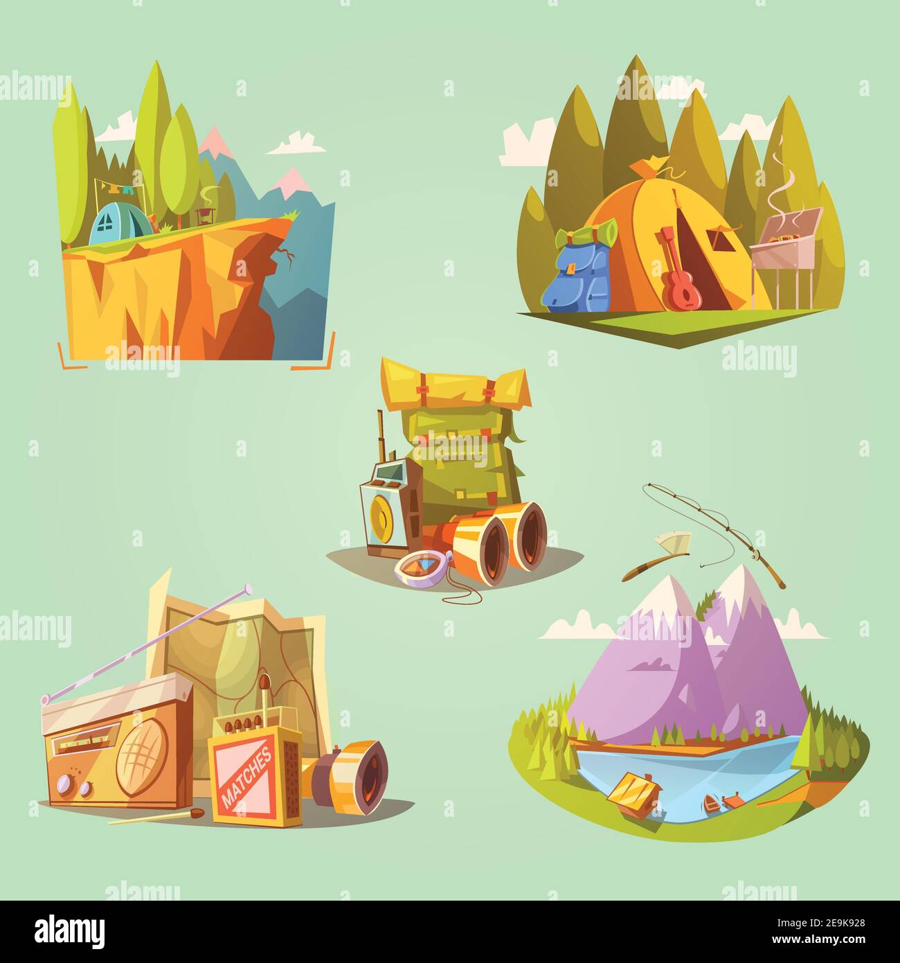Hiking cartoon set with tent guitar and food on green background ...