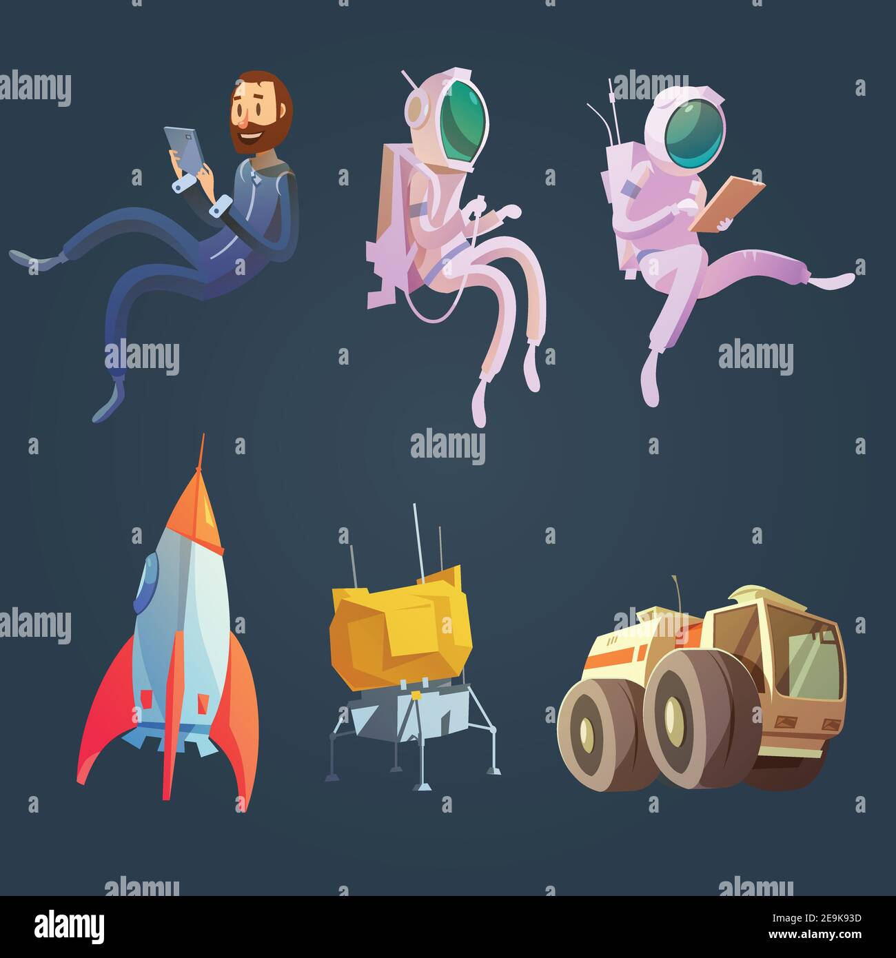 Outer space cartoon set with spaceship and astronautics symbols ...
