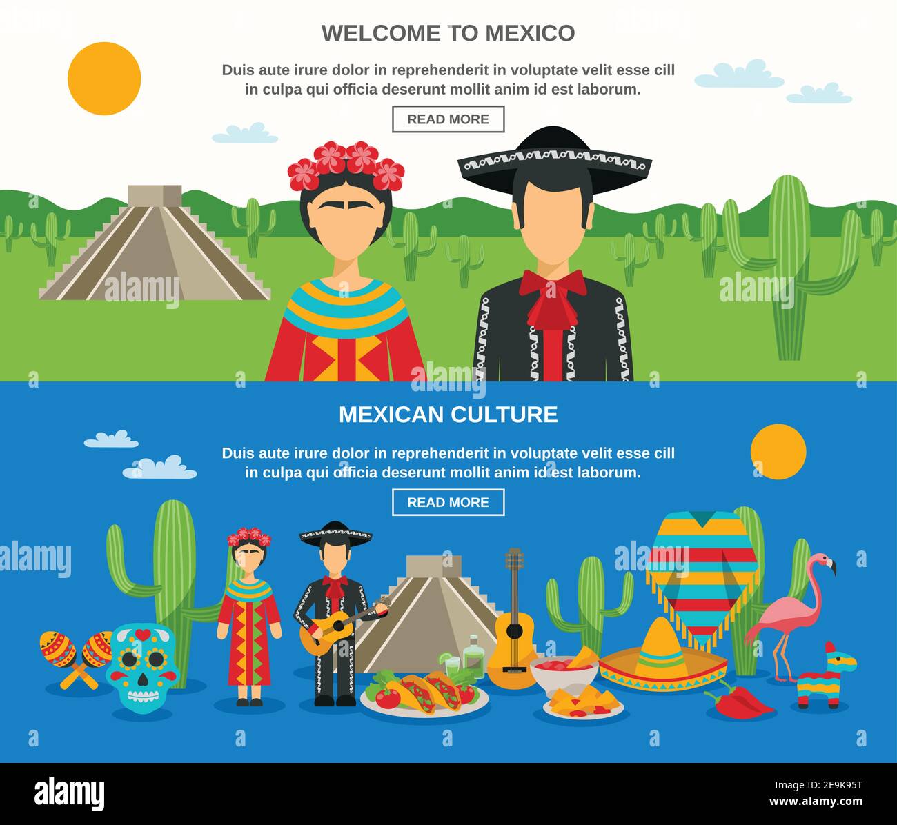 Mexico banner set with colorful elements of native culture landscape ...