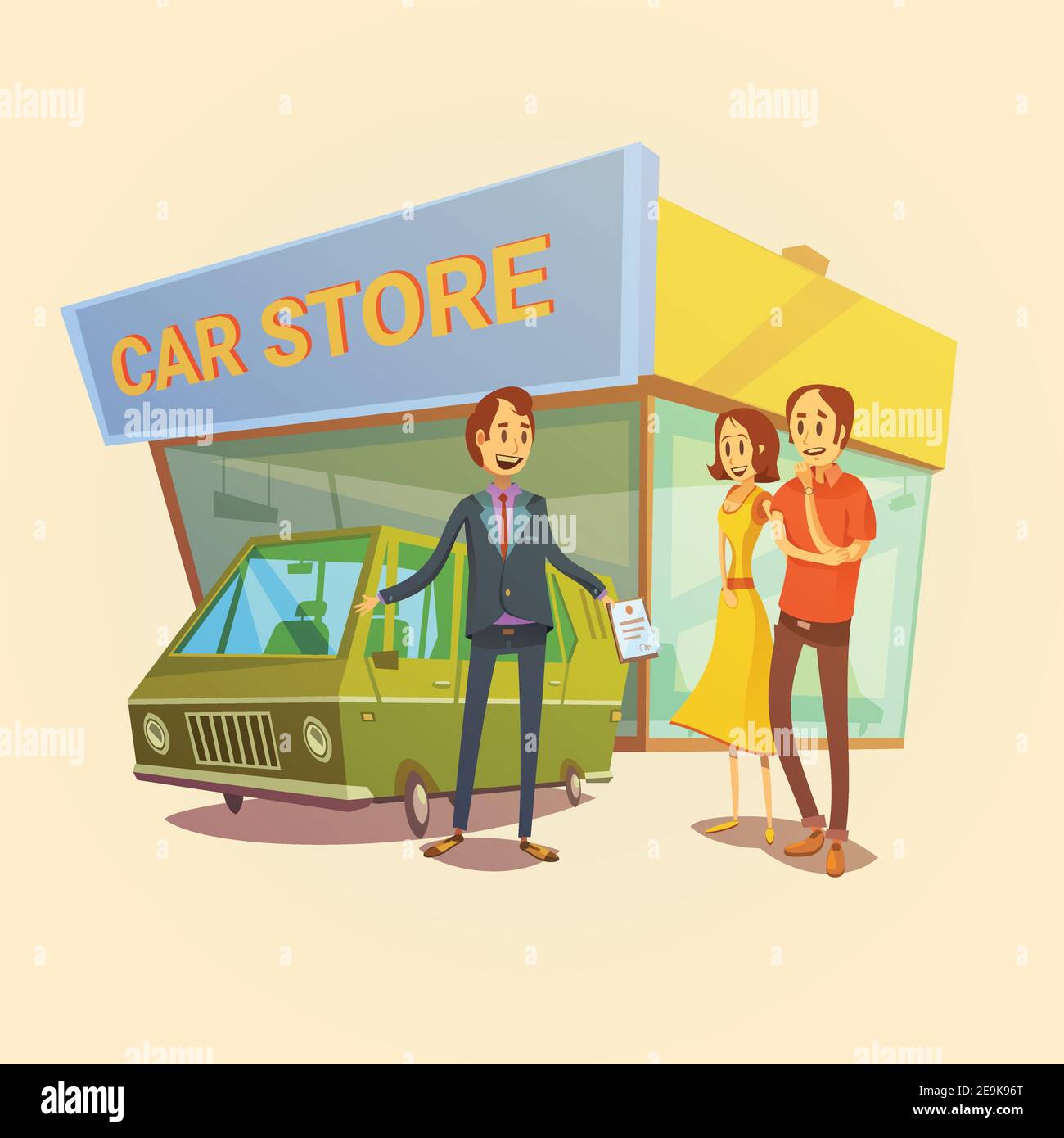Car dealer and clients cartoon concept with car store building vector ...