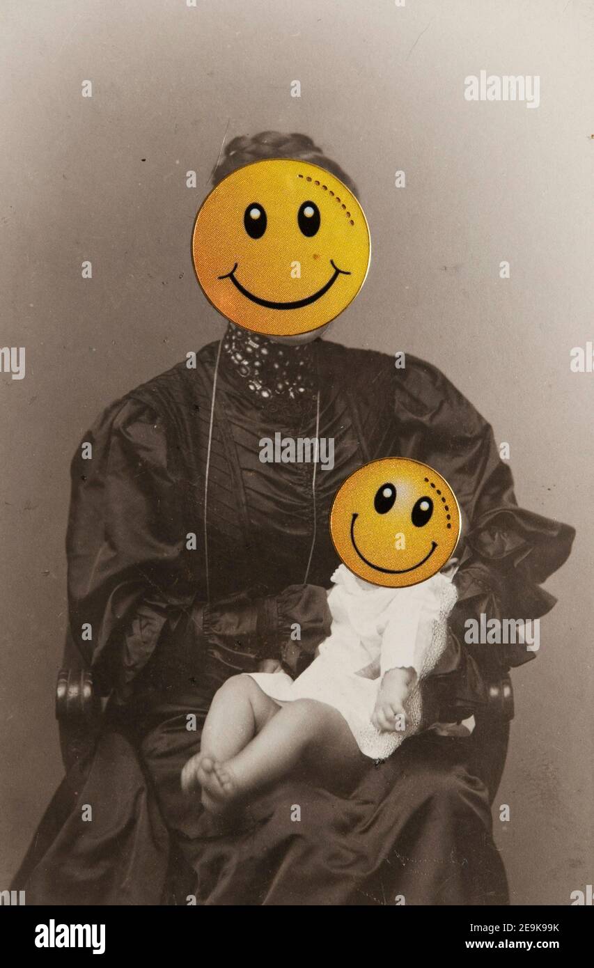 smiley covering the face in an antique portrait of a woman and her ...