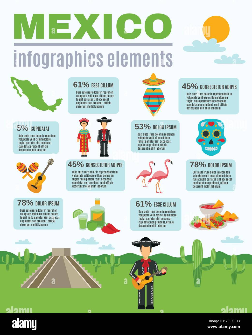Mexico infographics on the traditional landscape with cactus aztec ...
