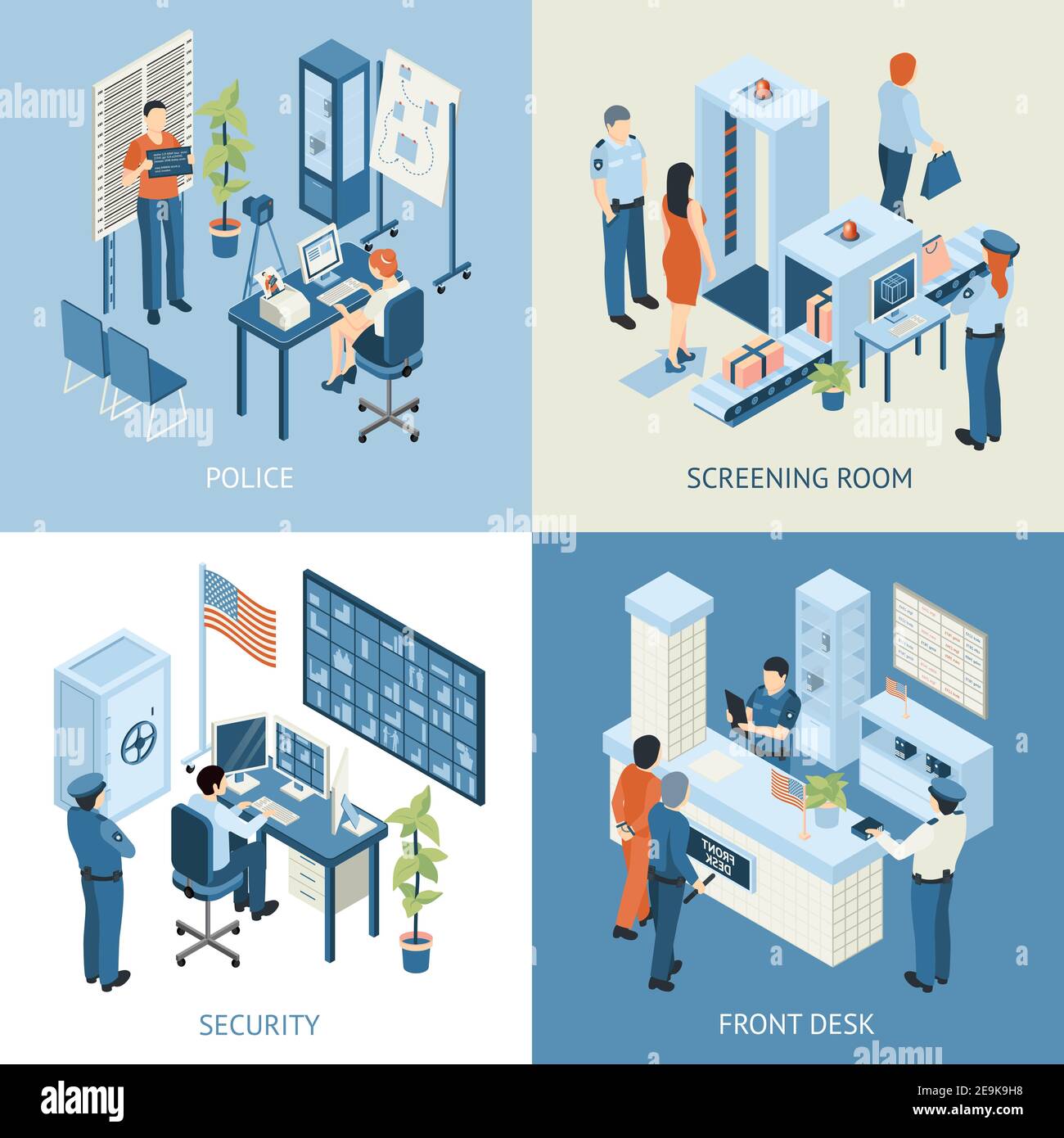 Police departments concept icons set with security and front desk ...