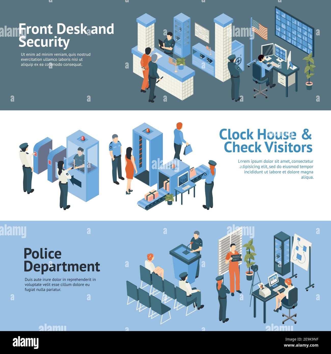 Police department horizontal banners set with clock house and check ...