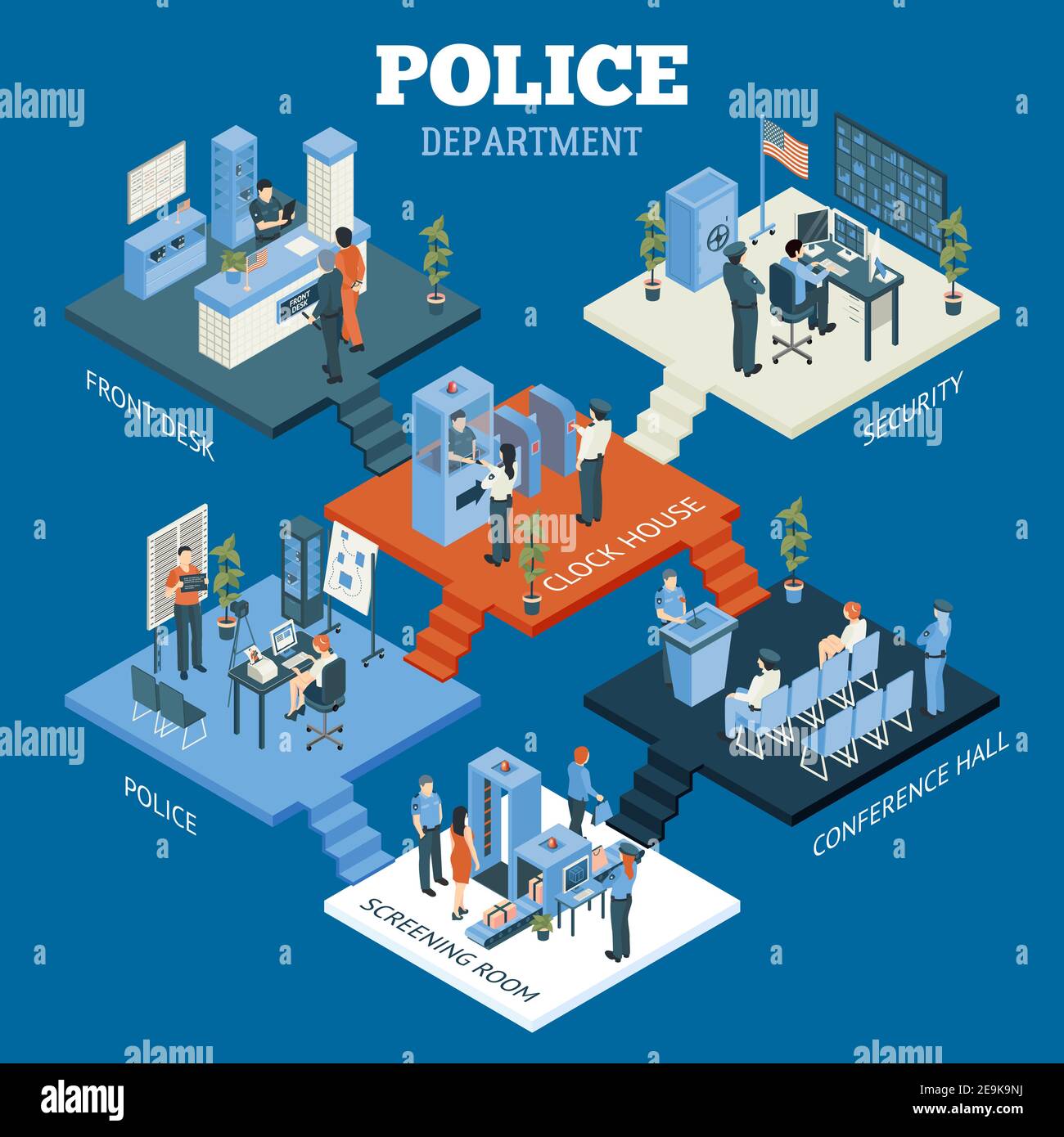 Police department isometric concept with screening room and conference ...