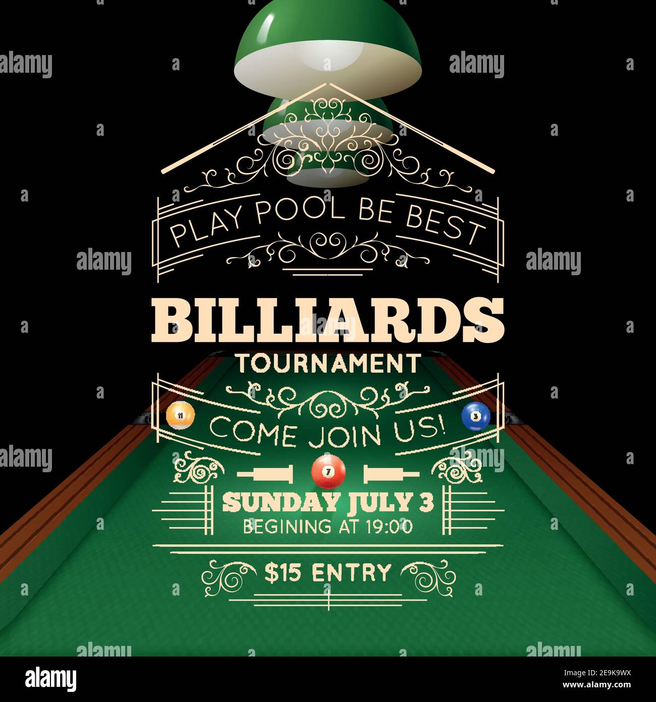 Billiards tournament realistic poster with price time and date vector ...