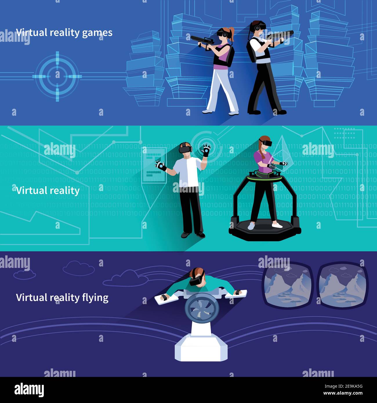 Virtual reality artificial world 3 flat horizontal banners set with ...