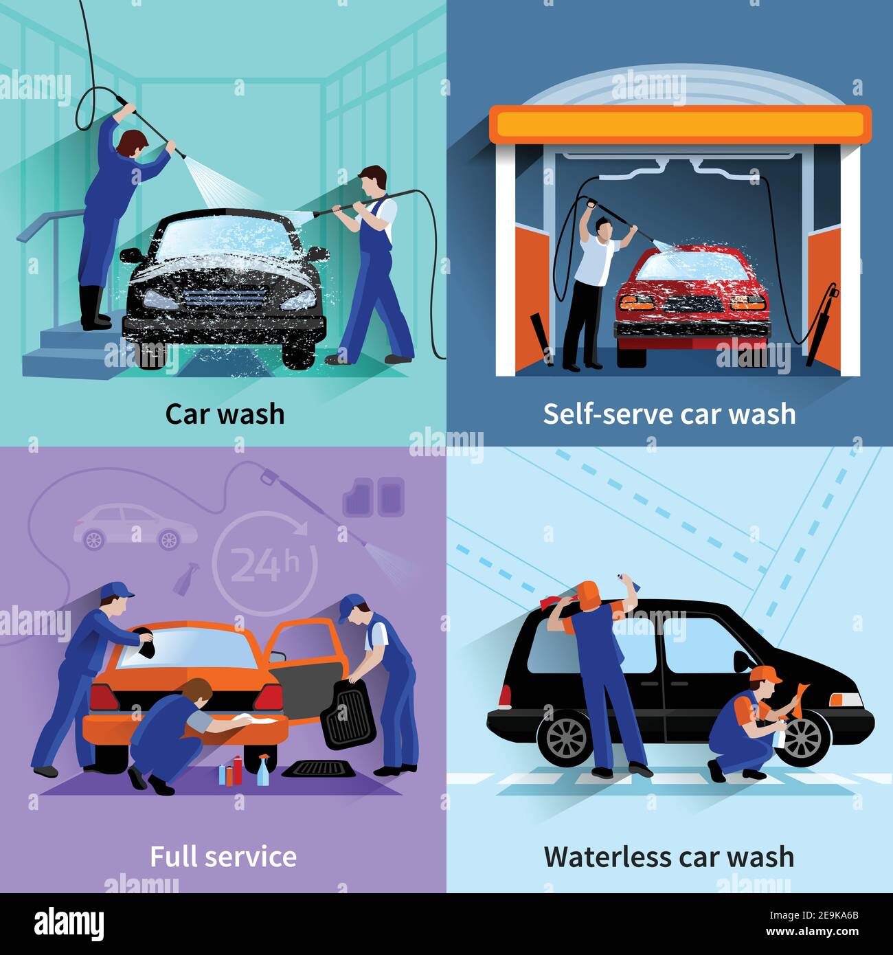 Car wash center full and self service facilities 4 flat icons square ...