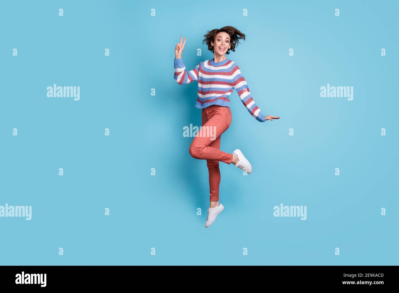 Full length body size photo of jumping up female student showing ...