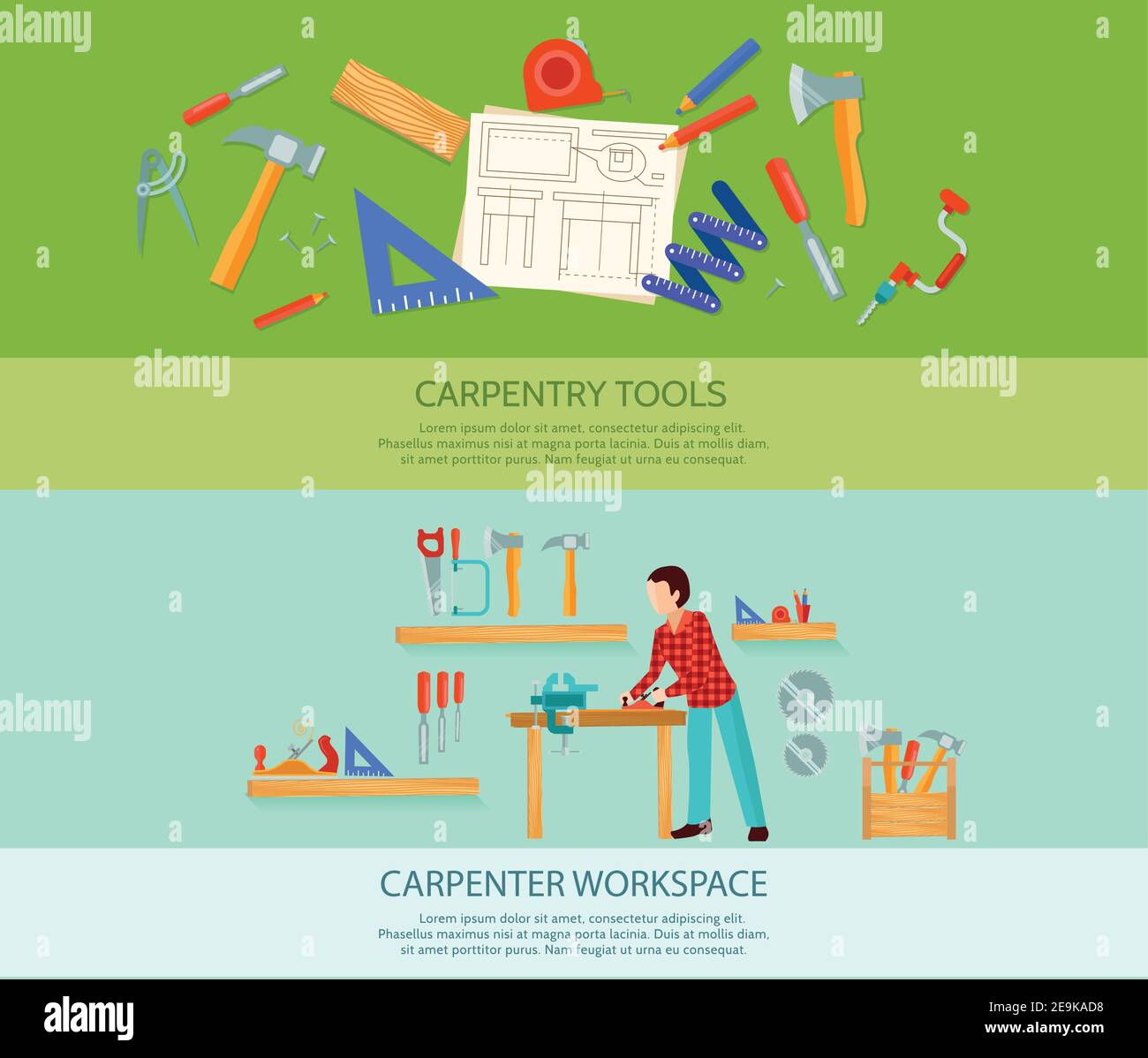 Two carpentry works flat banners set with carpentry tools vector ...