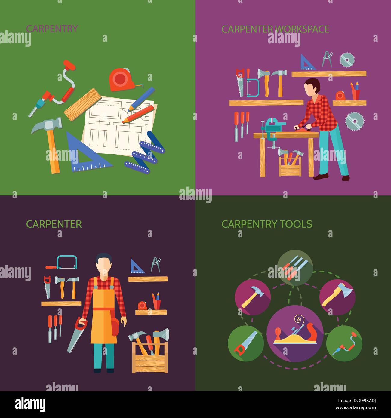 Carpentry works flat icons set composition design with tools carpenter ...