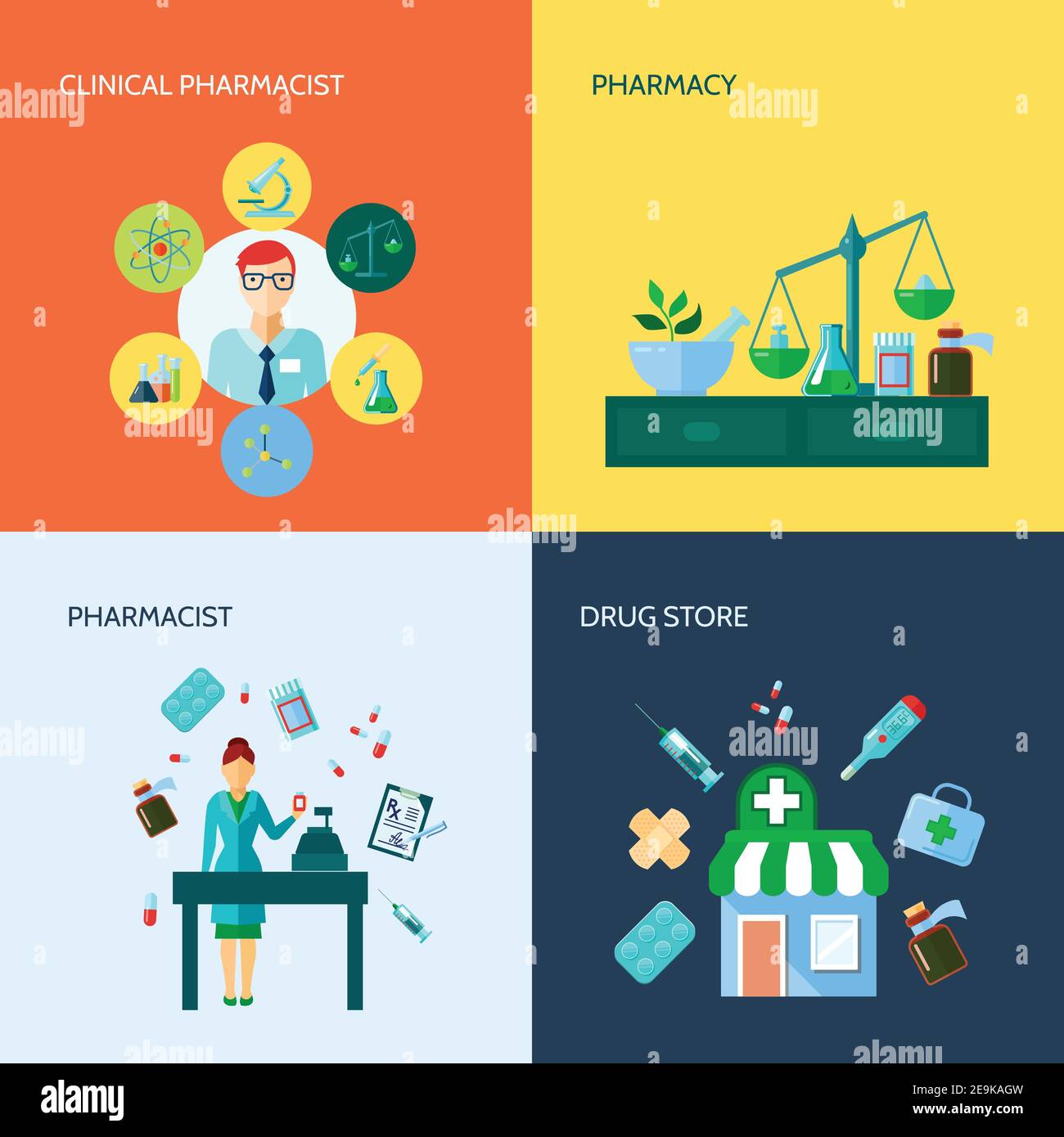 Isolated flat conceptual pharmacy icon set with various medical devices ...