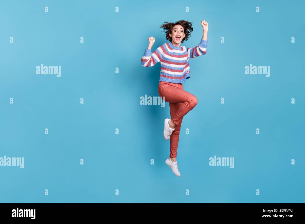 Full length body size photo of jumping high funny childish young girl ...