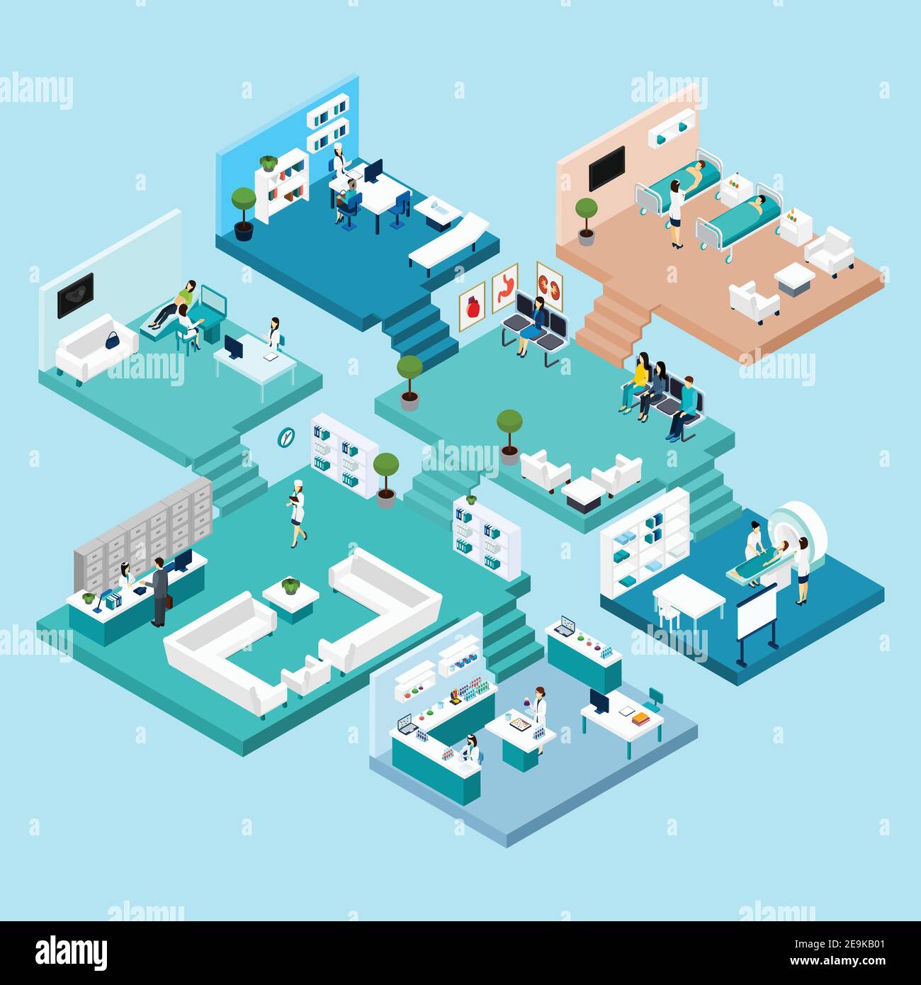 Hospital icons Isometric scheme with different cabinets and rooms on ...