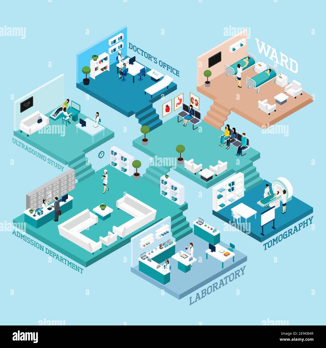 Hospital icons Isometric abstract scheme with various rooms staff ...