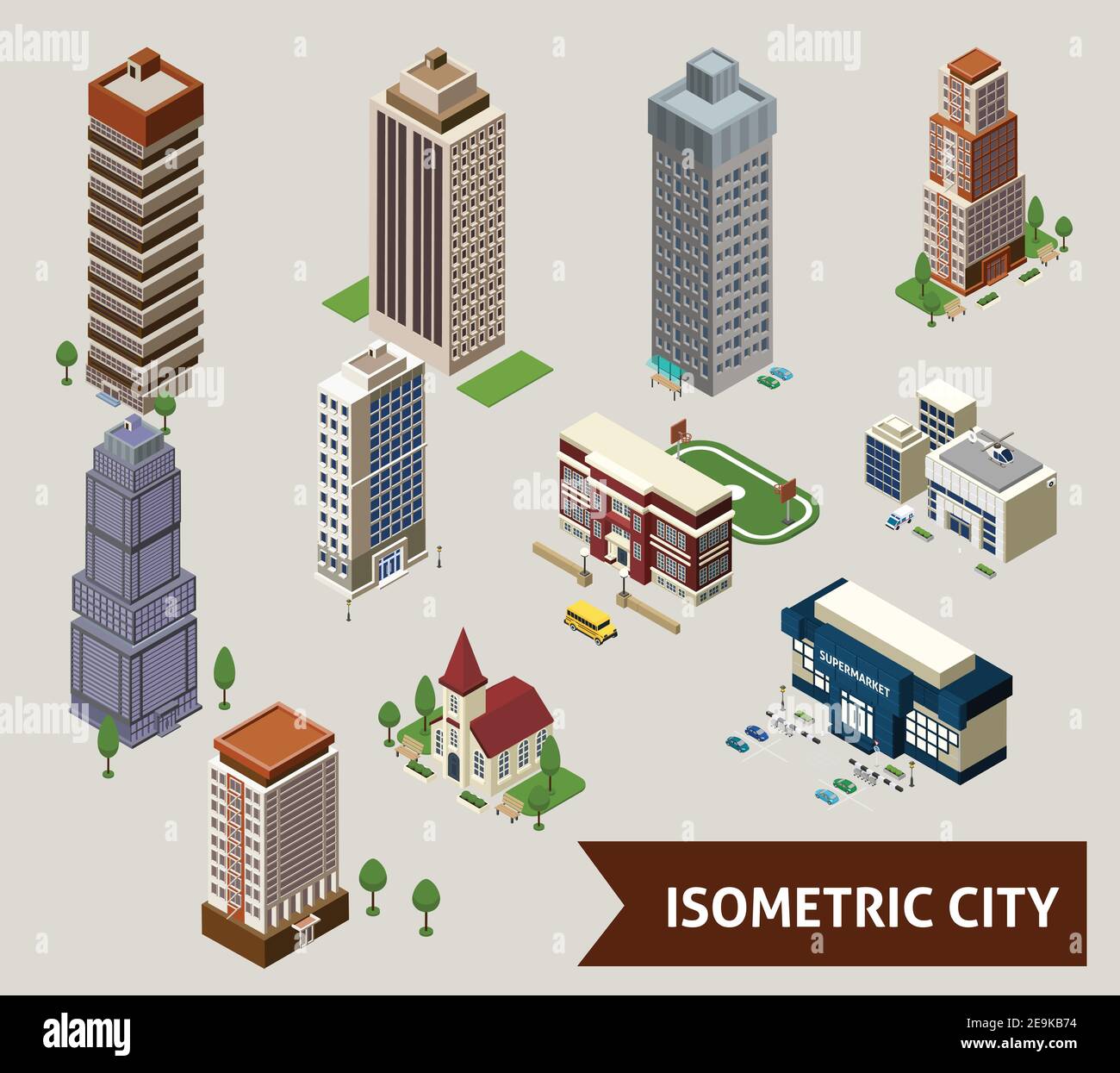 Isometric city isolated icon set with different types of buildings and ...