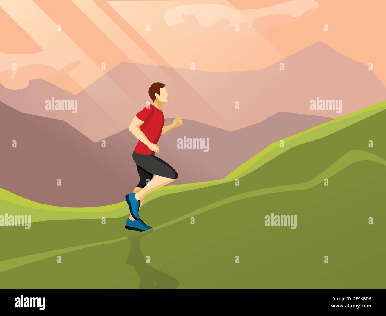 Poster with flat icon of man running alone up the hill on the landscape ...