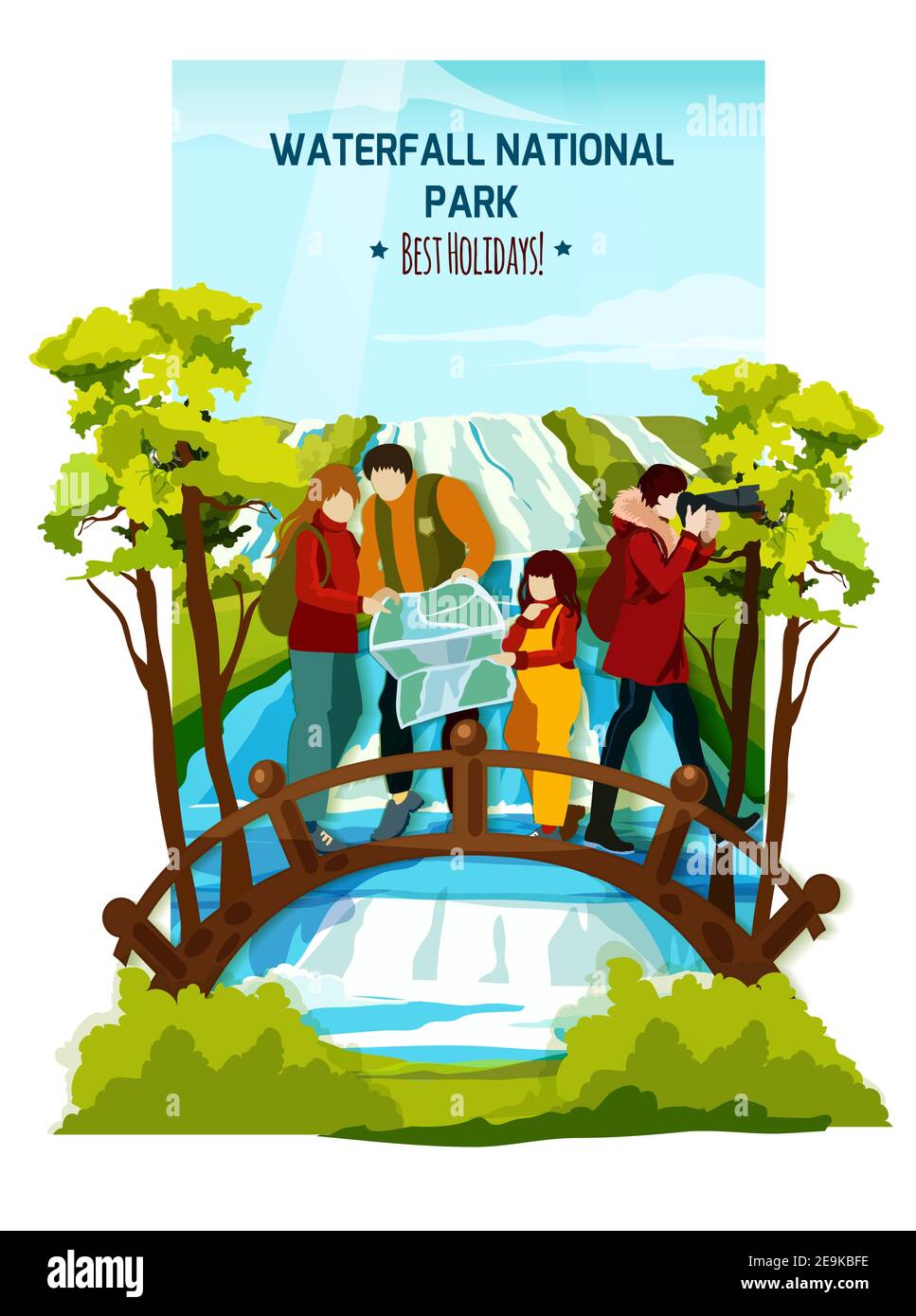 Flat colorful poster with tourist family on wooden bridge over river ...
