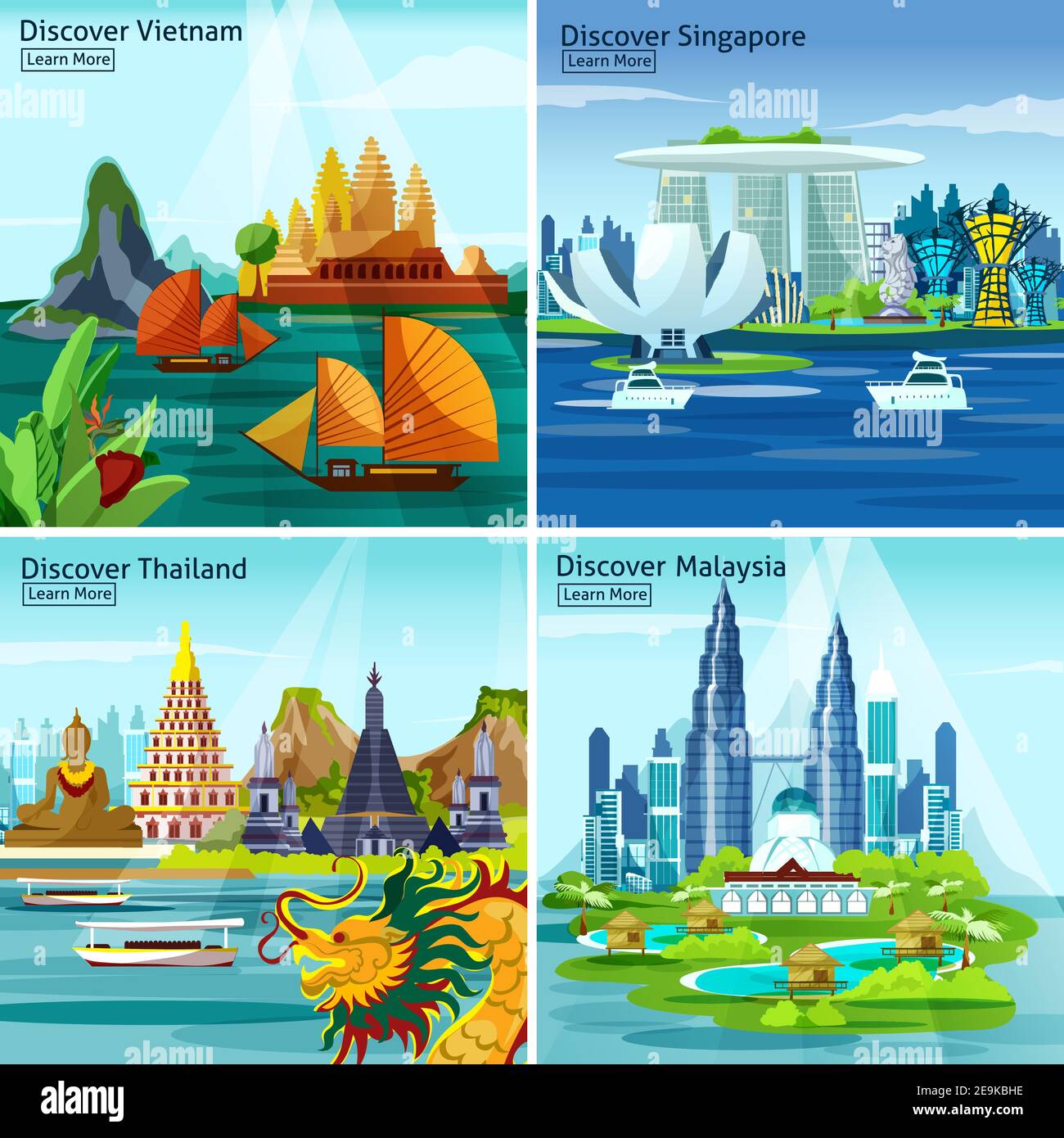 Asian travel 2x2 design concept with vietnam thailand singapore and ...