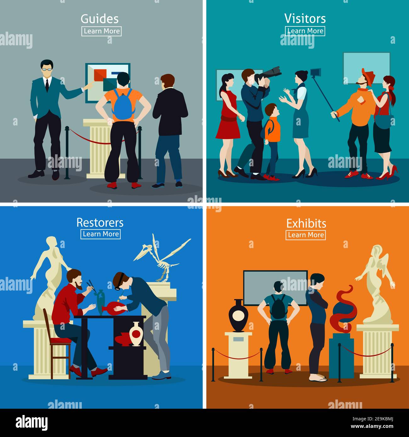 People in museum and gallery 2x2 design concept with exhibits restorers ...
