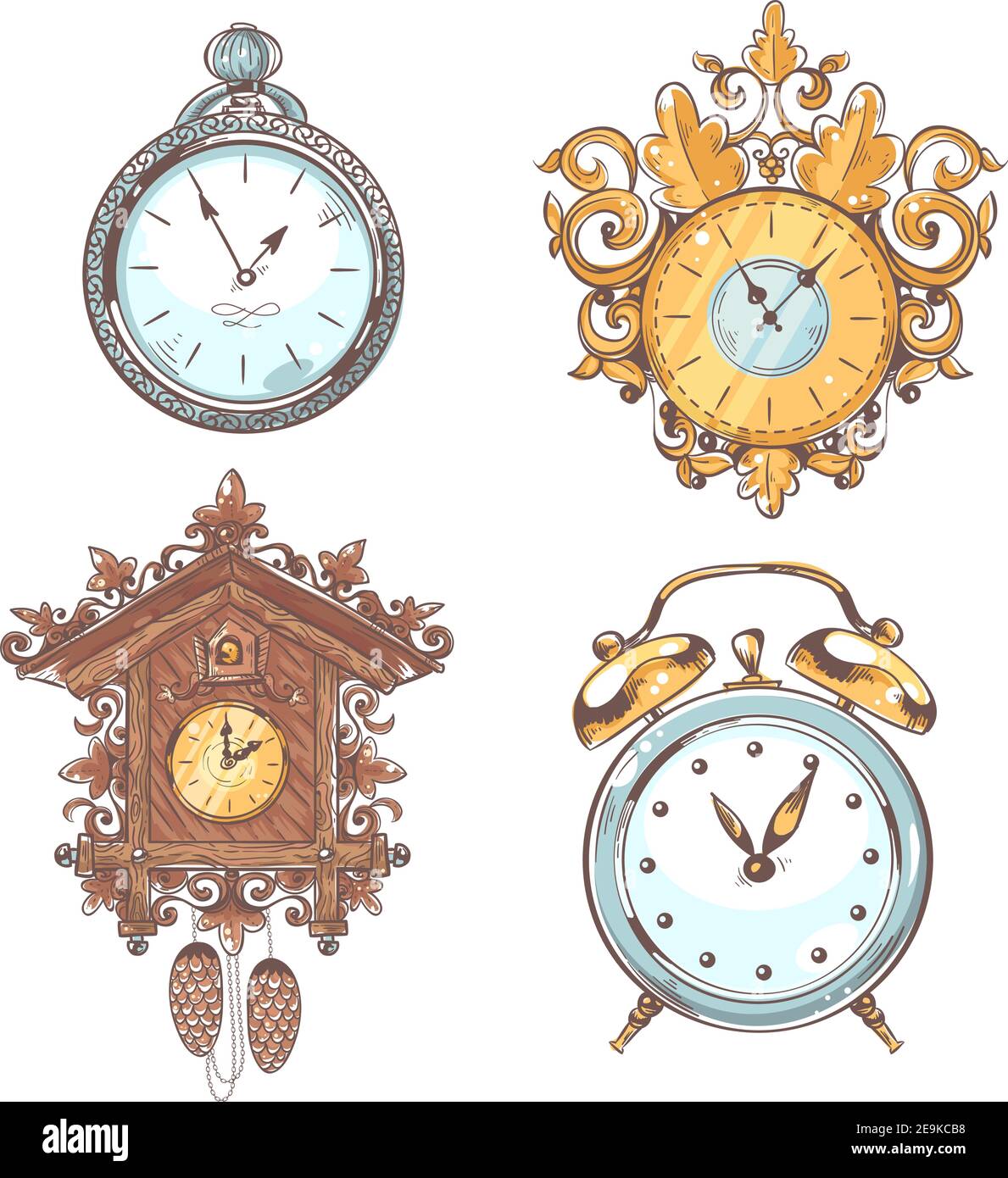 Old vintage retro clock and stopwatch colored sketch set isolated ...