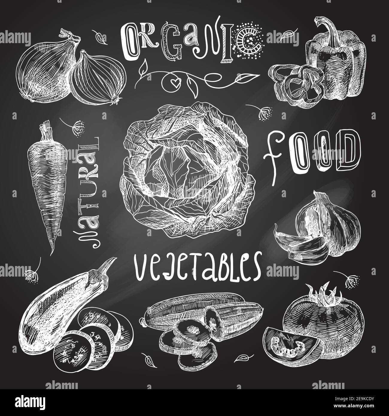 Vegetable natural organic fresh food chalkboard set isolated vector ...