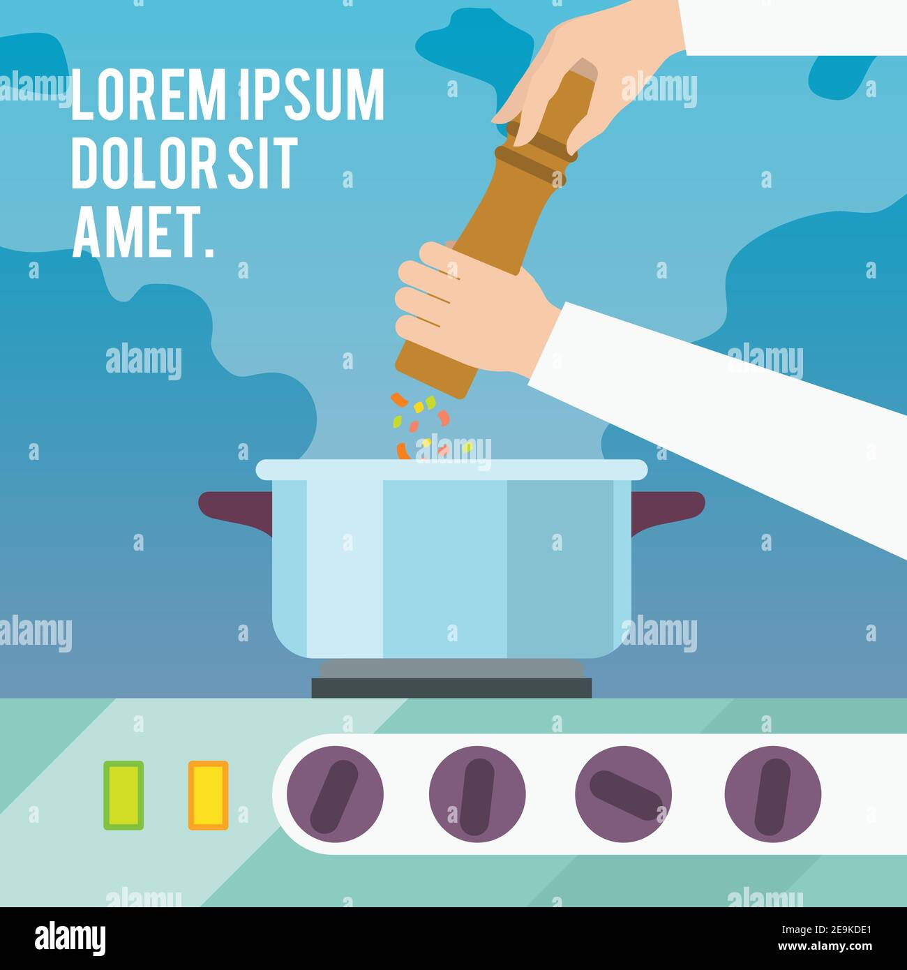 Chef cook with pepper mill and boiling pot flat poster vector ...