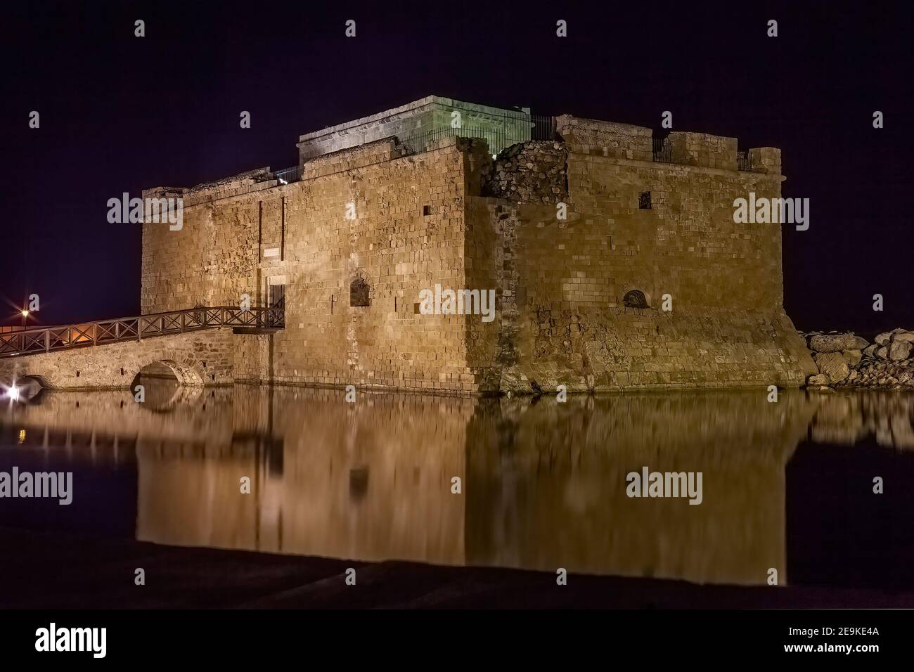 Paphos Castle in Cyprus at night which is now a museum in the harbour ...
