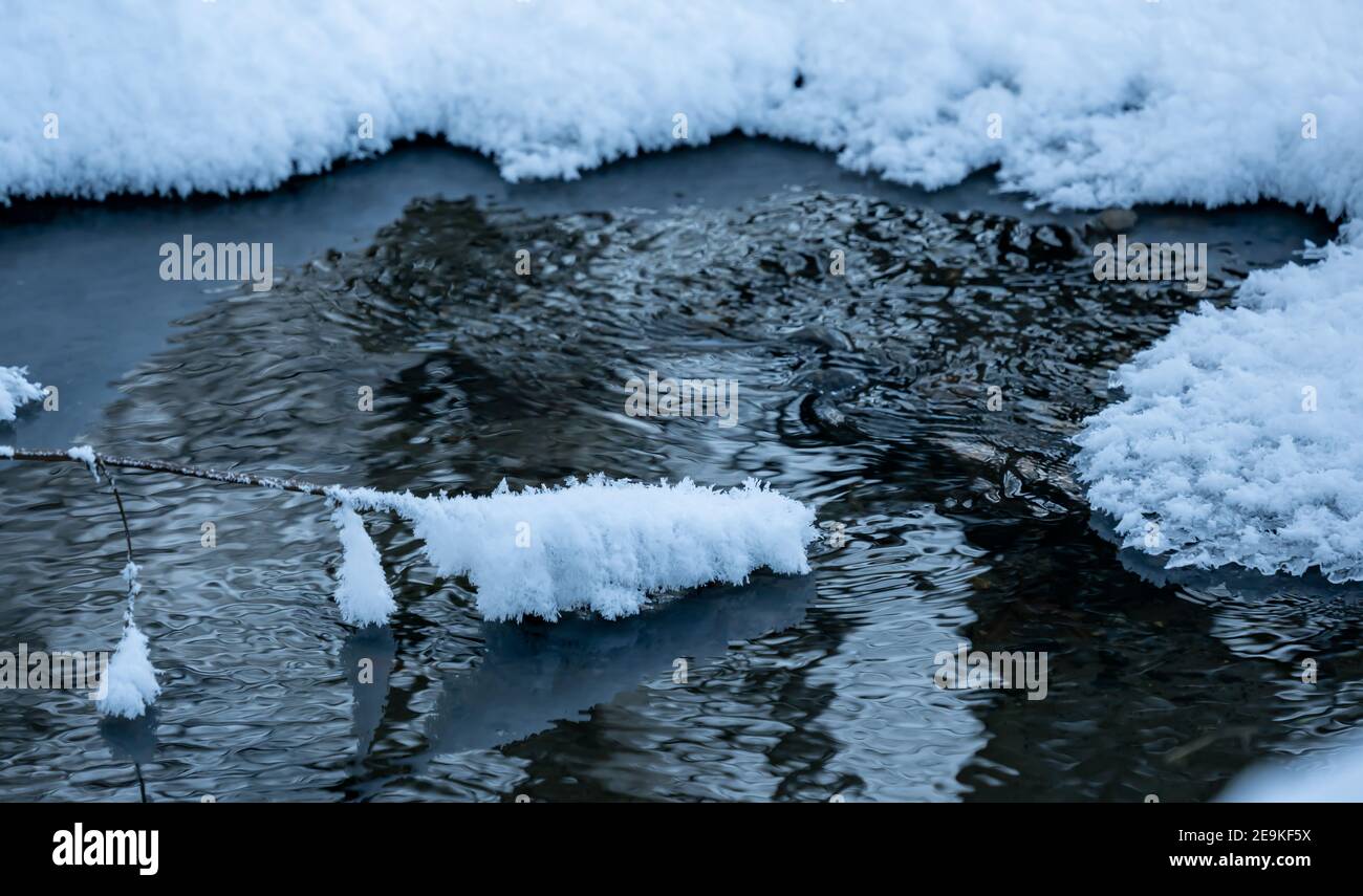 Small stream with a small opening in the snow covered ice. Cold winters ...