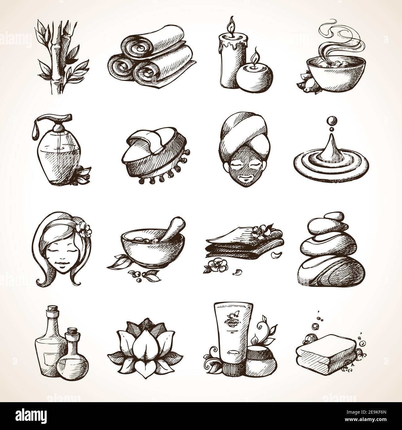 Spa Sketch Decorative Icons Set With Bamboo Towels Aroma Candles ...