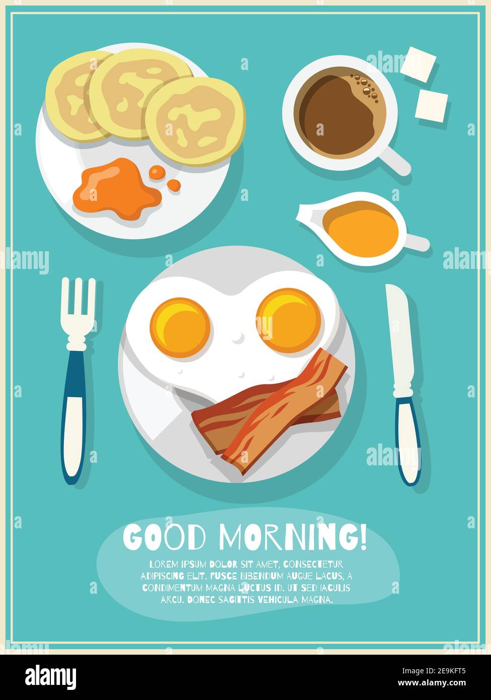 Breakfast poster with fried eggs bacon coffee icons and good morning ...