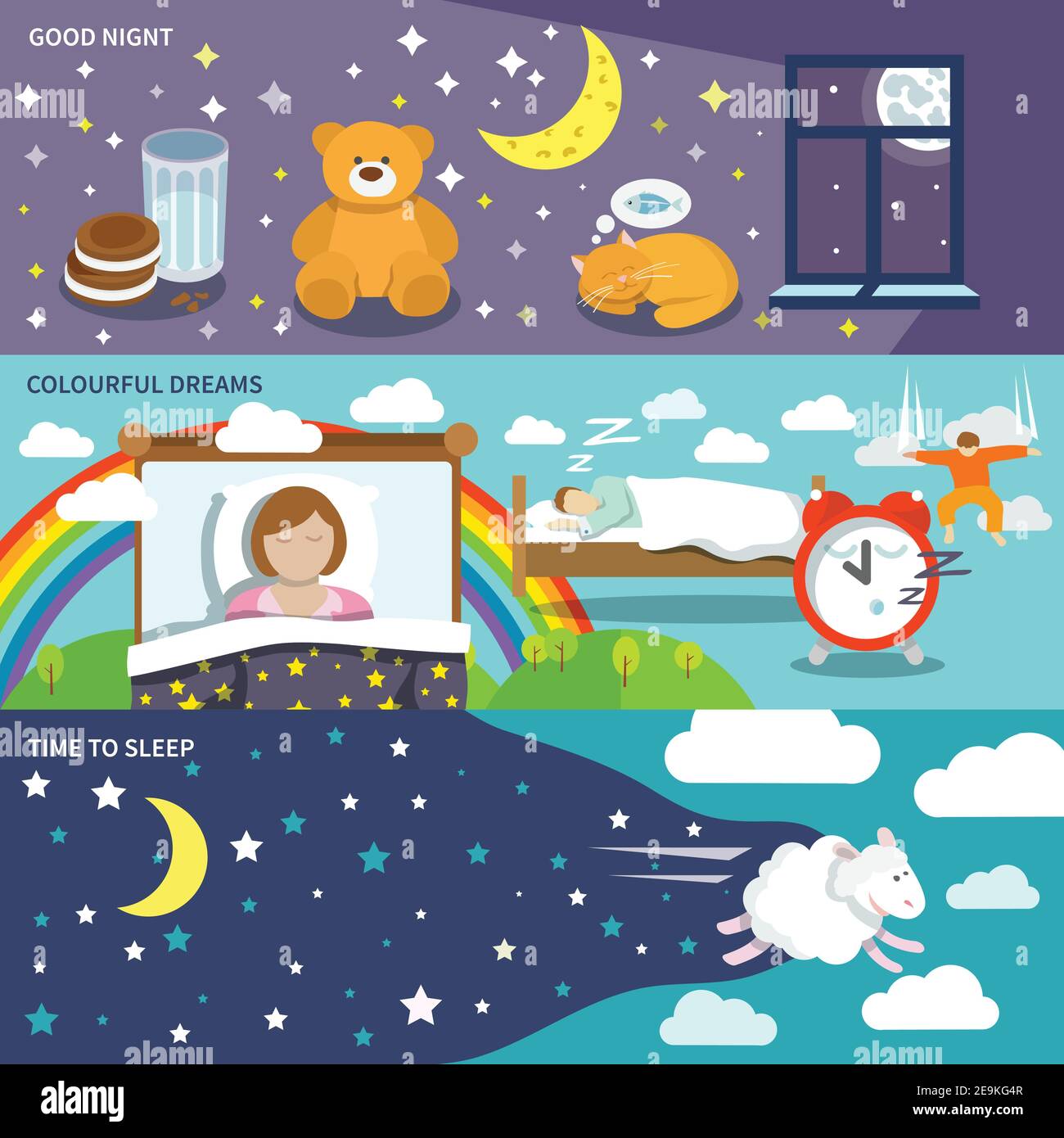 Sleep time banners set with good night colourful dreams isolated vector ...