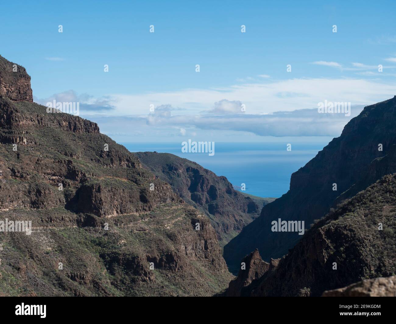 Barranco de Guayadeque view along the ravine steep walls towards ocean ...