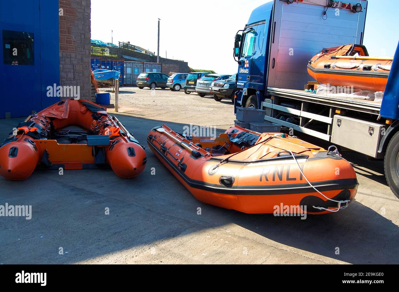 RNLI New Life boats being unloaded Northumberland brand dinghy lorry ...