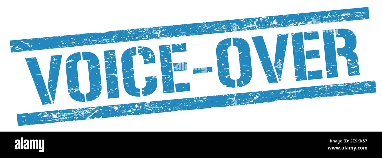 VOICE-OVER text on blue grungy rectangle stamp sign Stock Photo - Alamy