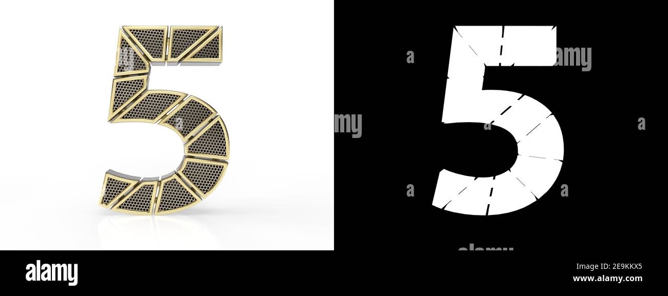 Gold number five (number 5) cut into perforated gold segments with ...