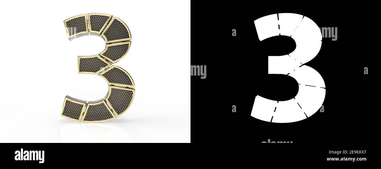 Gold number three (number 3) cut into perforated gold segments with ...