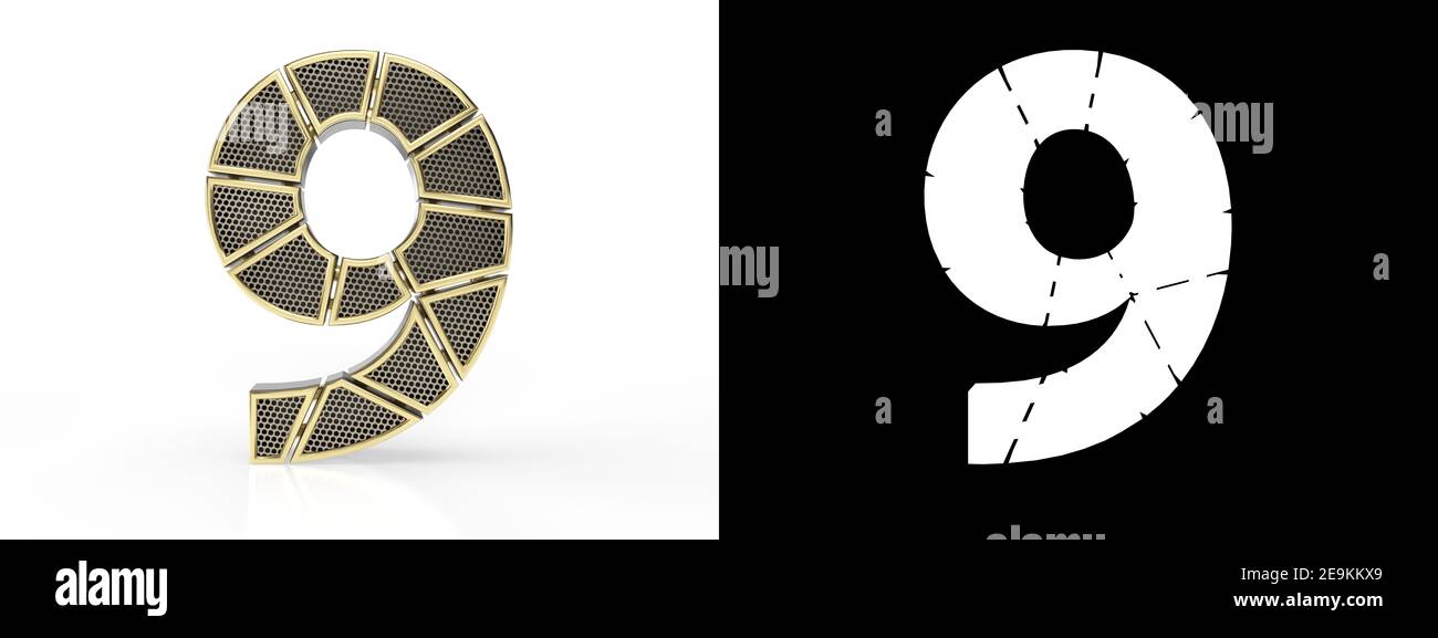 Gold number nine (number 9) cut into perforated gold segments with ...