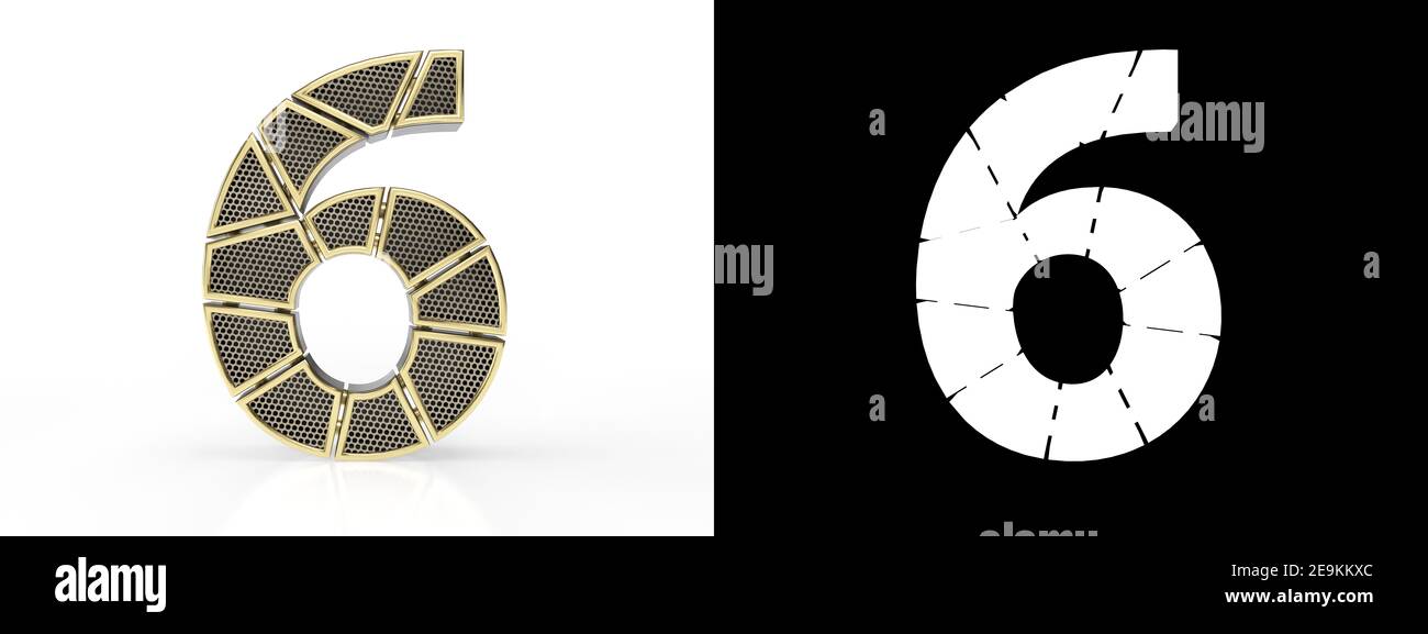 Gold number six (number 6) cut into perforated gold segments with alpha ...