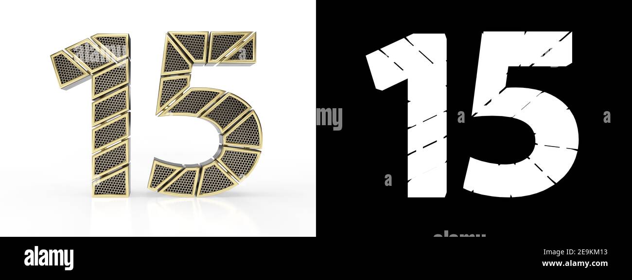 Gold number fifteen (number 15) cut into perforated gold segments with ...