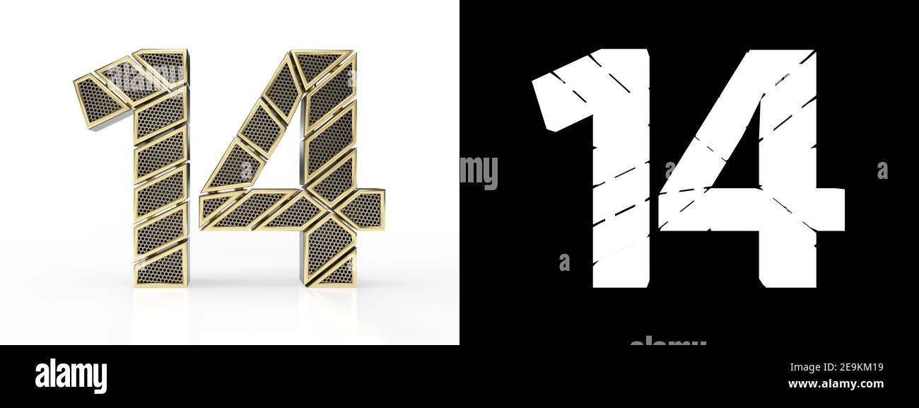 Gold number fourteen (number 14) cut into perforated gold segments with ...