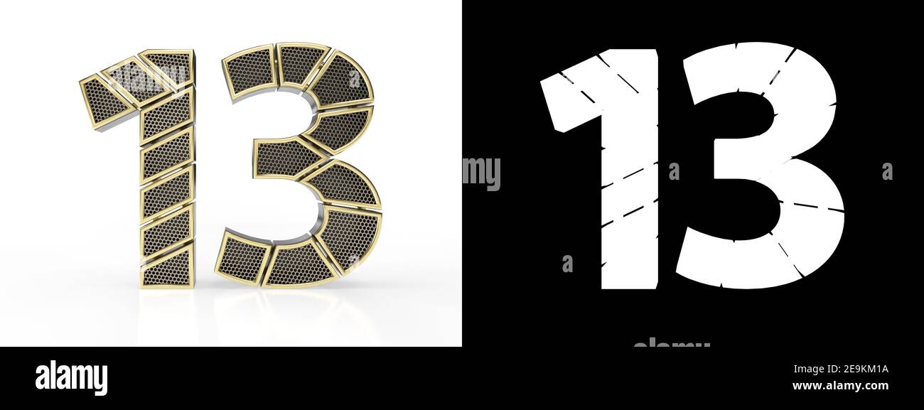 Gold number thirteen (number 13) cut into perforated gold segments with ...