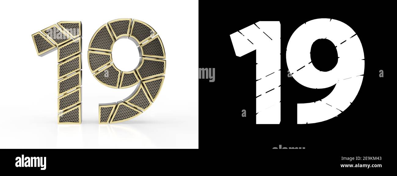 Gold number nineteen (number 19) cut into perforated gold segments with ...