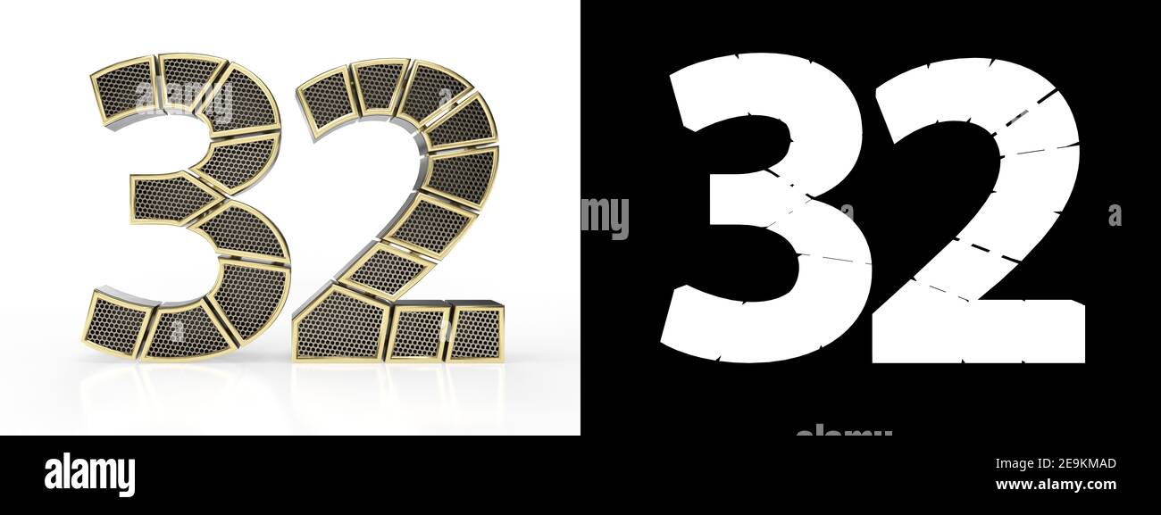 Gold number thirty-two (number 32) cut into perforated gold segments ...