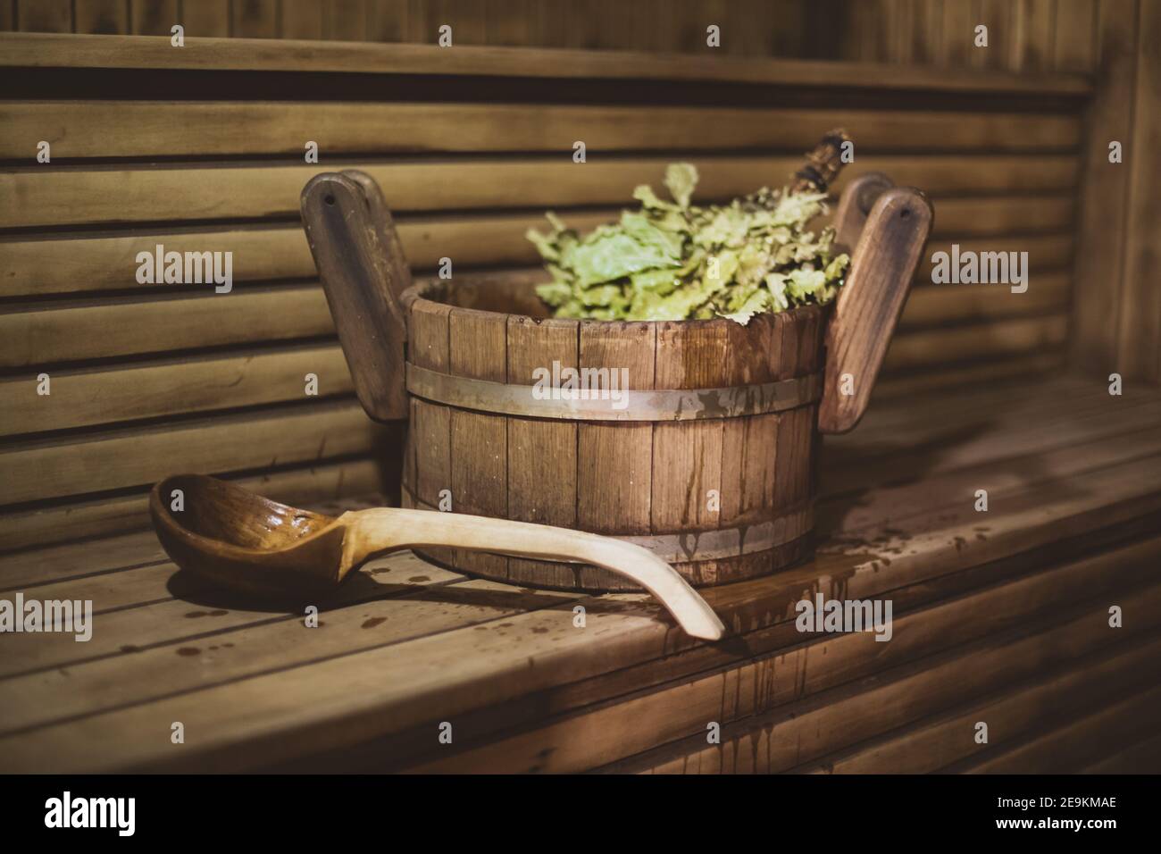 Traditional equipment for Russian bath from wood Stock Photo - Alamy
