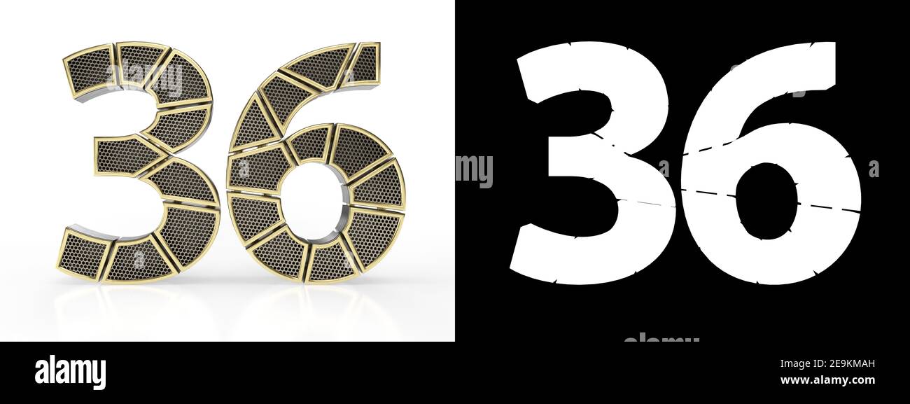 Gold number thirty-six (number 36) cut into perforated gold segments ...