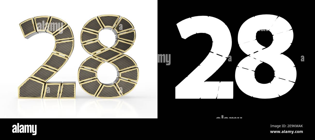 Gold number twenty-eight (number 28) cut into perforated gold segments ...