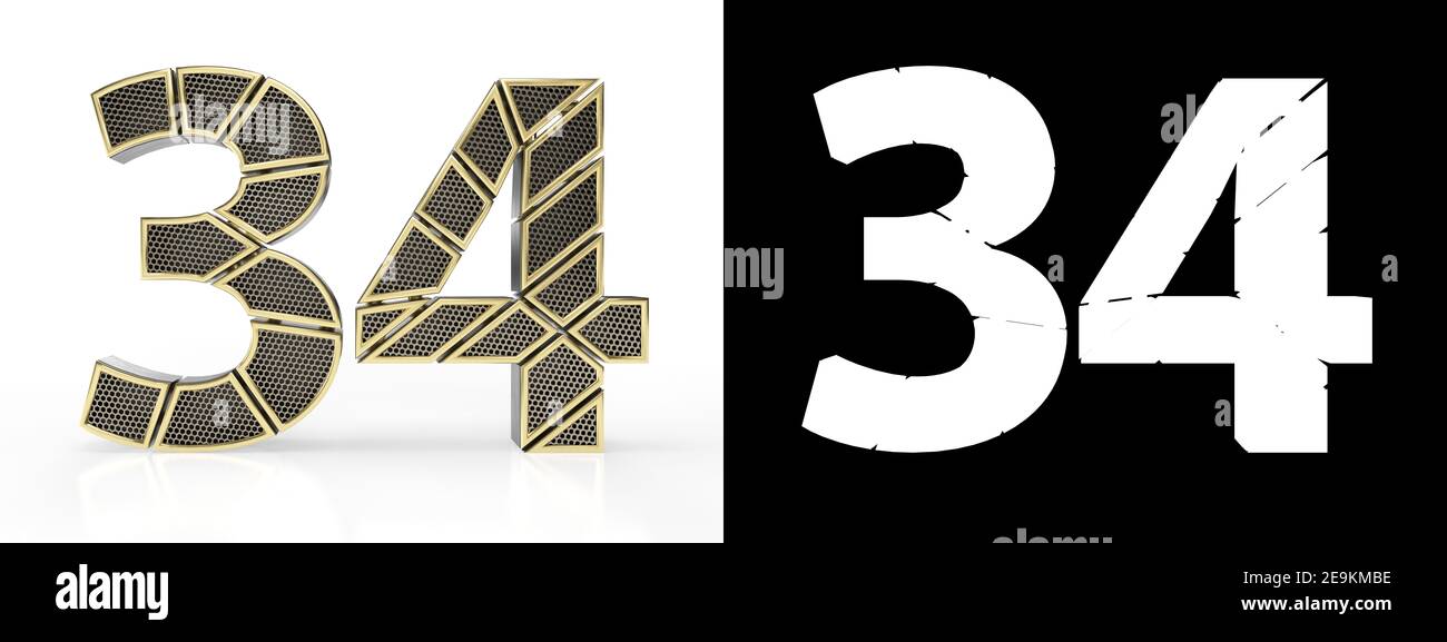 Gold number thirty-four (number 34) cut into perforated gold segments ...
