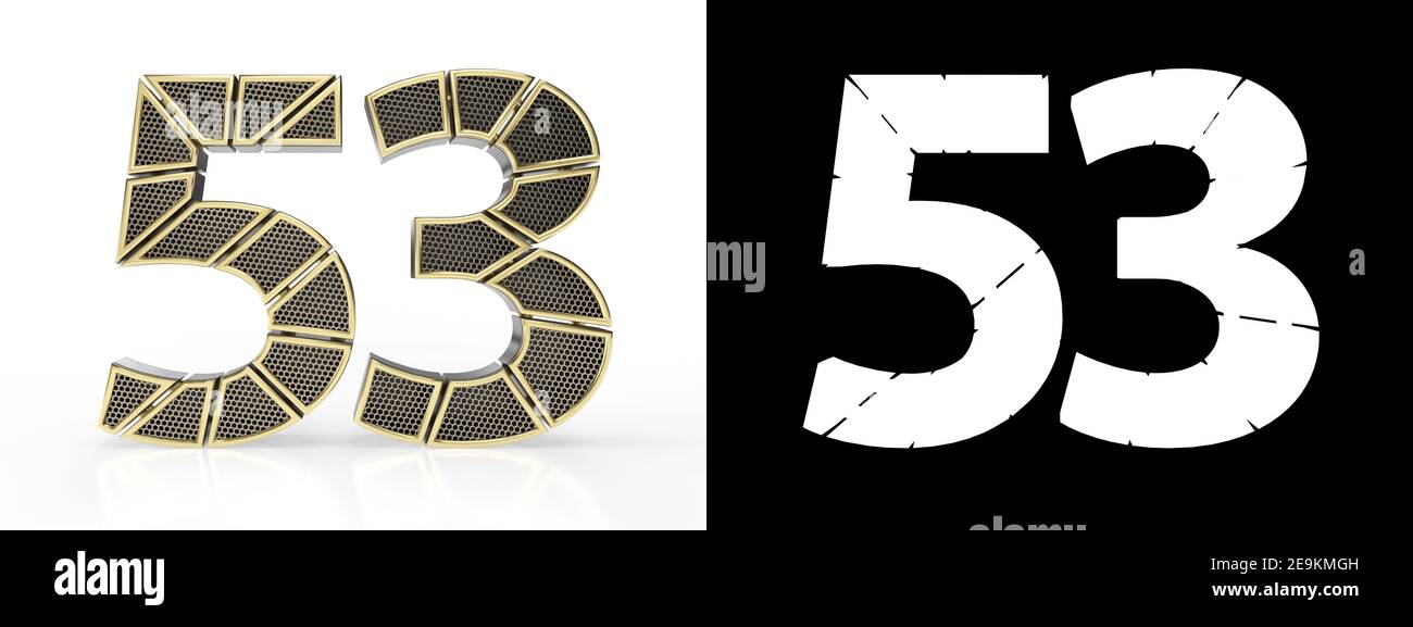 Gold number fifty-three (number 53) cut into perforated gold segments with alpha channel and ...