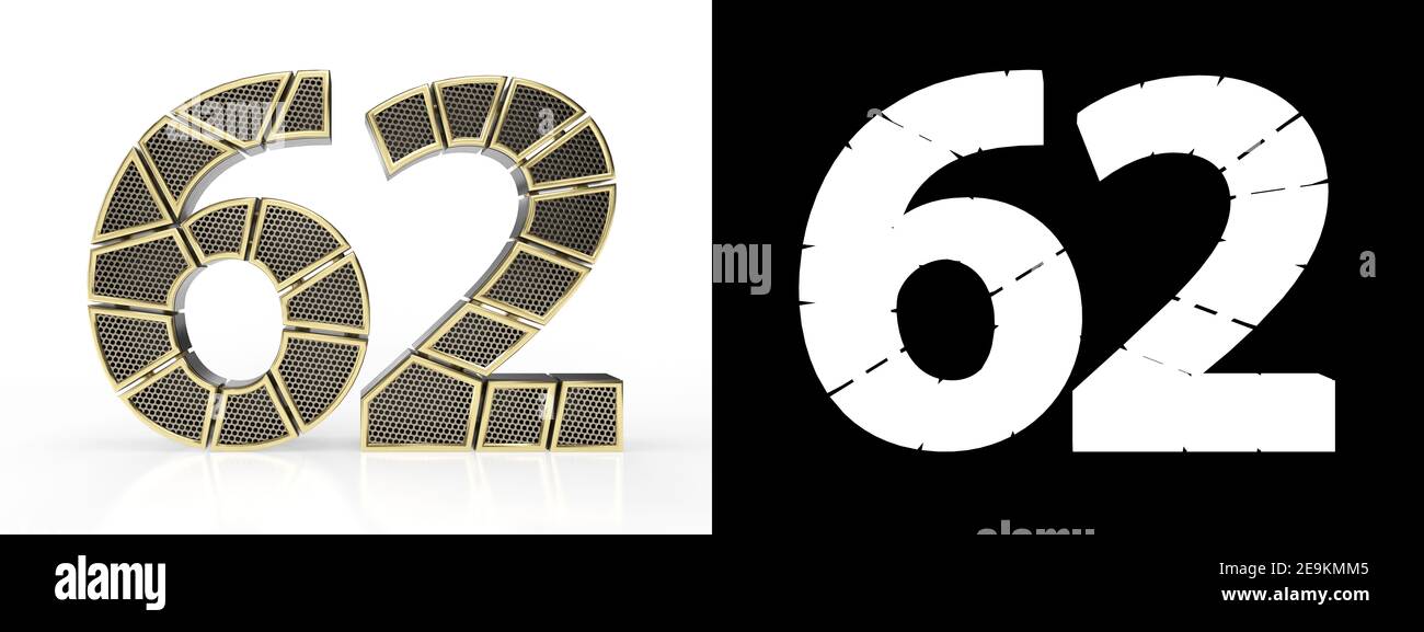 Gold number sixty-two (number 62) cut into perforated gold segments ...